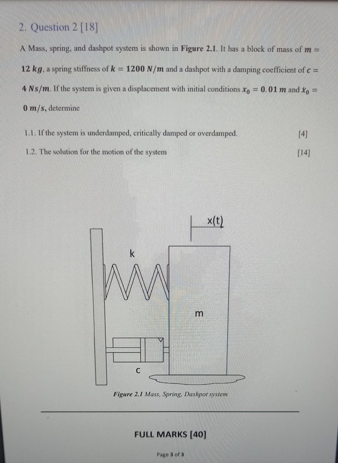 Solved 2. Question 2 [18] A Mass, spring, and dashpot system | Chegg.com