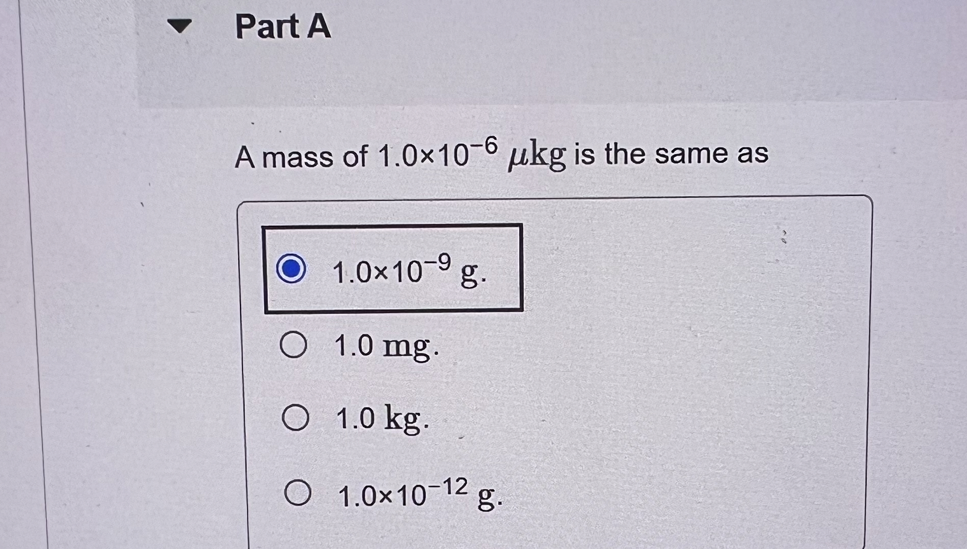 Solved Part AA mass of 1.0×10-6μkg ﻿is the same | Chegg.com