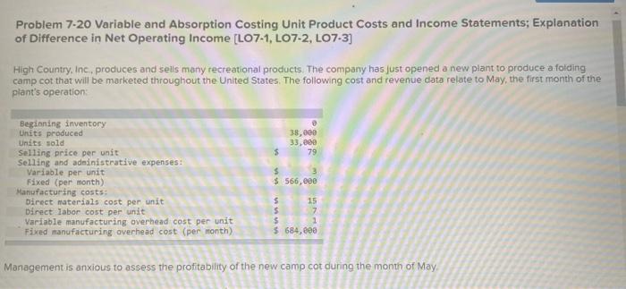 Solved Problem 7-20 Variable and Absorption Costing Unit | Chegg.com