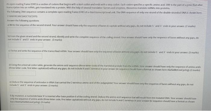 Solved An open reading frame (ORP) b a section of codons | Chegg.com