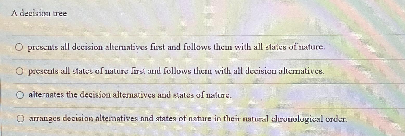 Solved A decision treepresents all decision alternatives | Chegg.com