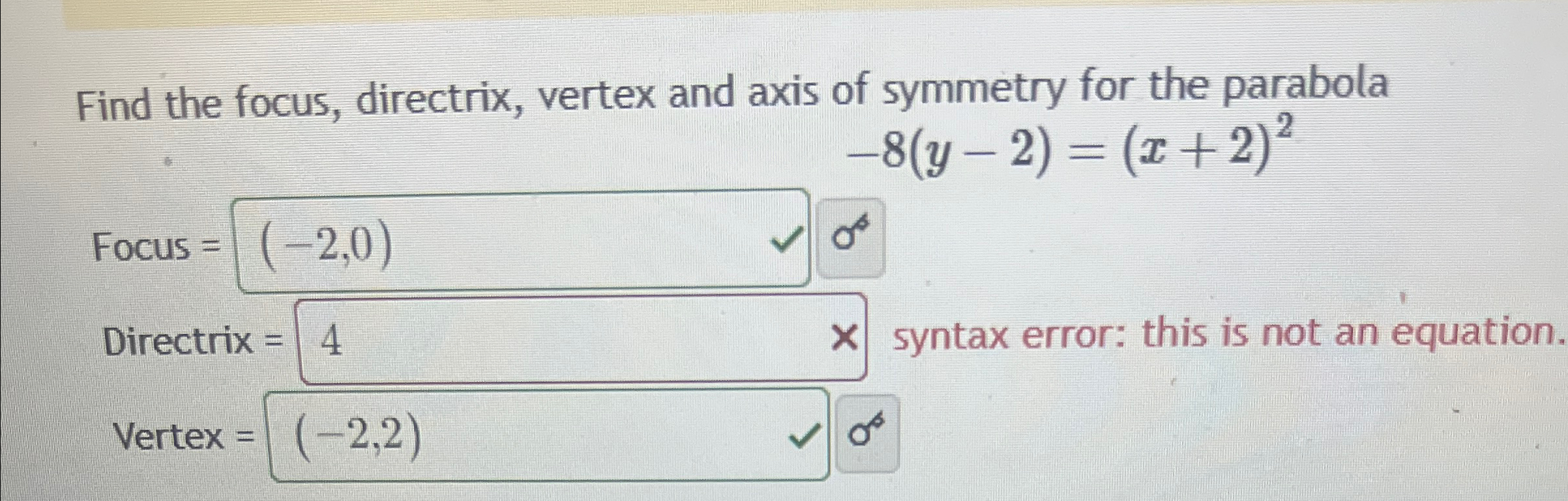 Solved Find the focus, directrix, vertex and axis of | Chegg.com