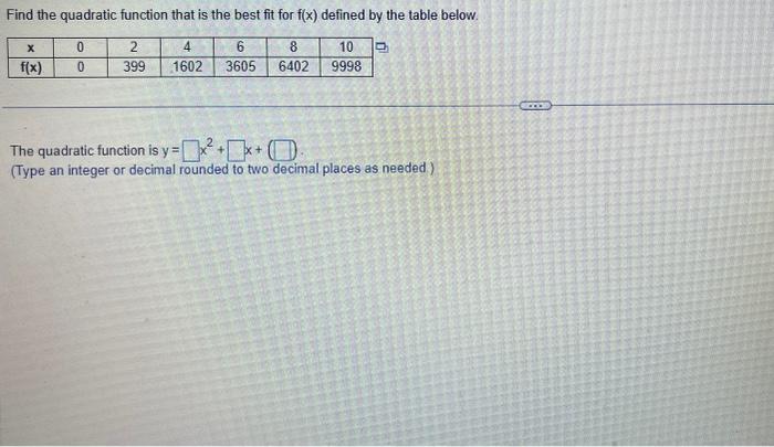 Solved Find the quadratic function that is the best fit for | Chegg.com