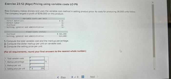Solved Exercise 23-11 (Algo) Pricing using total costs LO P6 | Chegg.com
