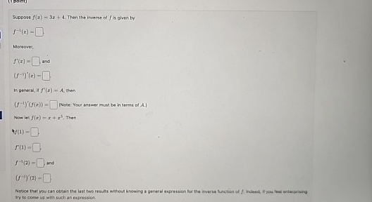 Solved Suppose f(z)-3x+4. ﻿Then the inverse of f ﻿is given | Chegg.com