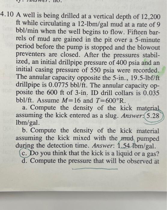 the casing depth of 4,000 ft when the top of the kick | Chegg.com