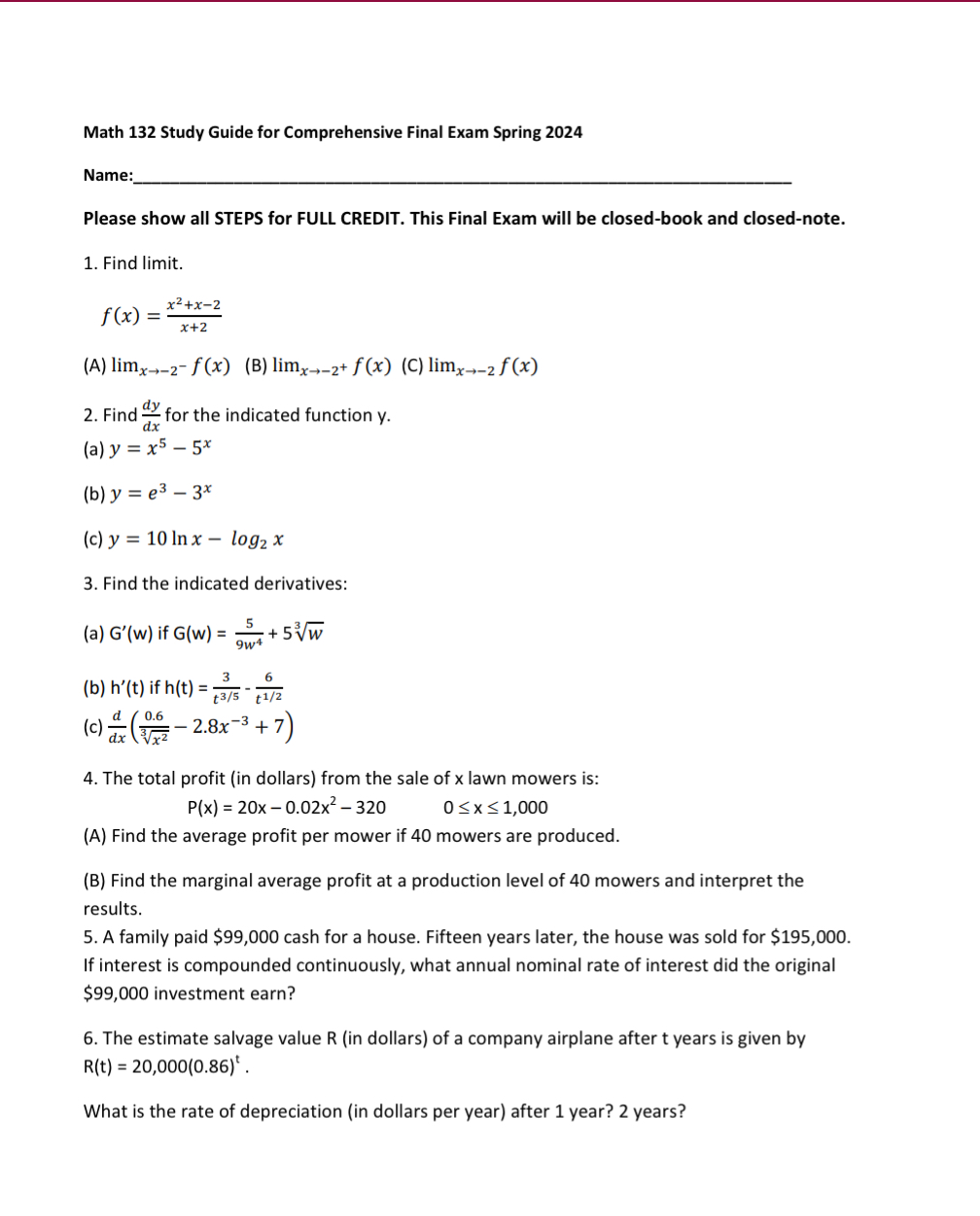 Solved Math 132 ﻿Study Guide for Comprehensive Final Exam | Chegg.com