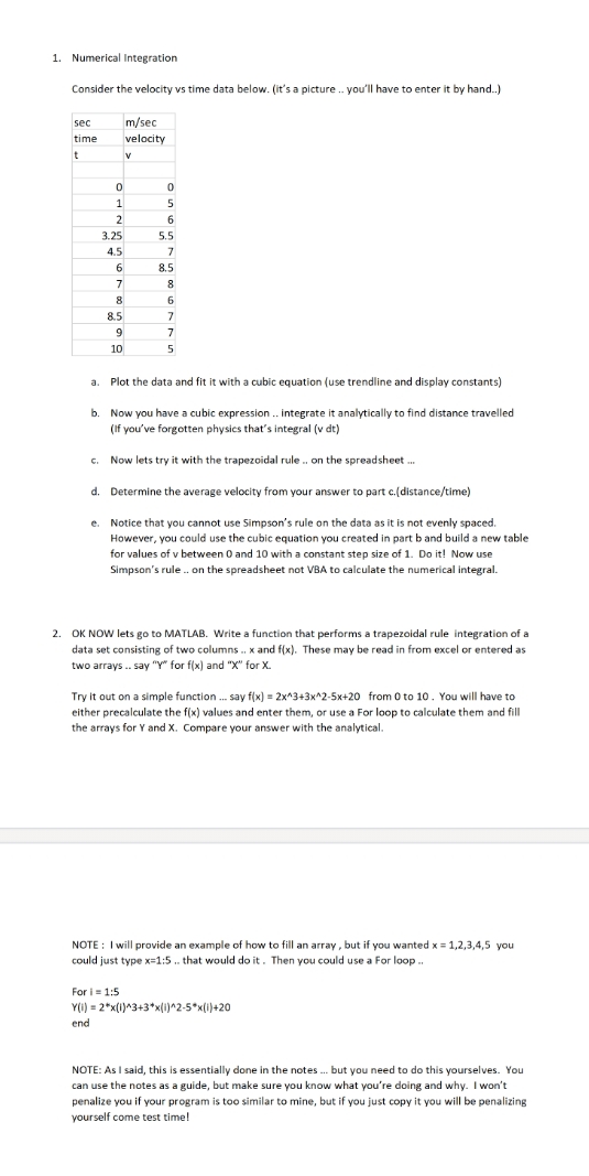 Solved Numerical IntegrationConsider the velocity vs time | Chegg.com