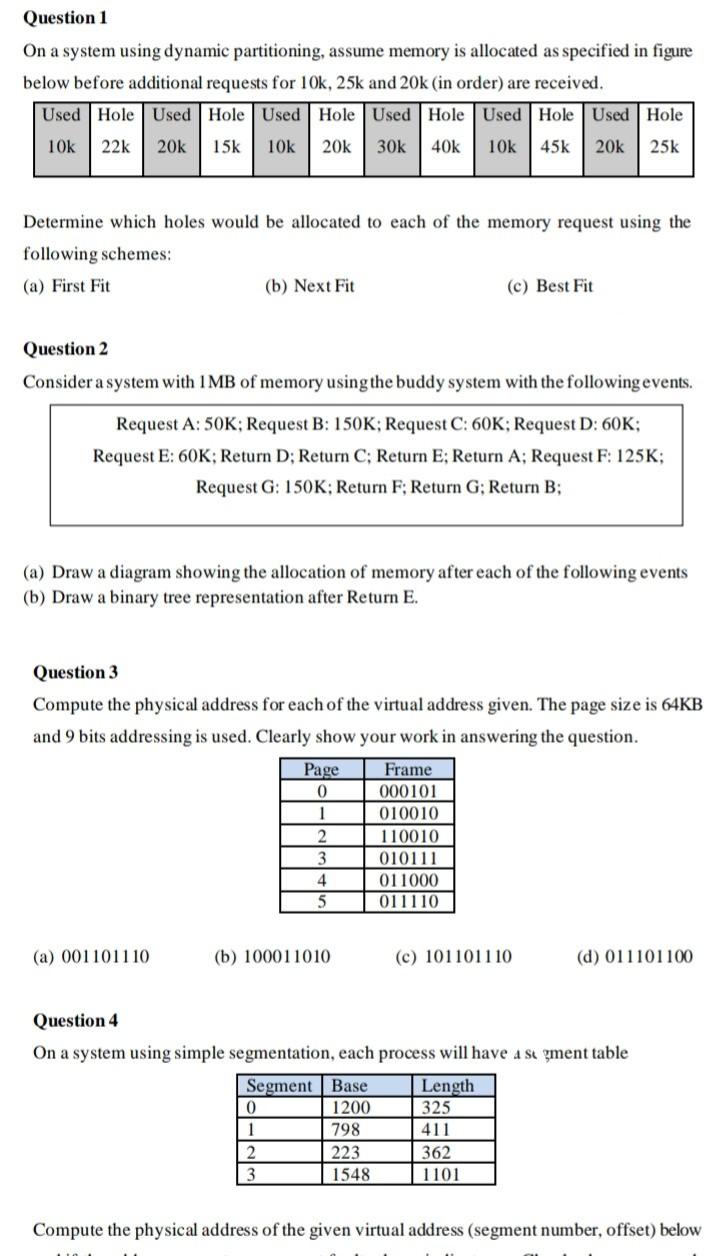 Solved Question 1 On a system using dynamic partitioning, | Chegg.com