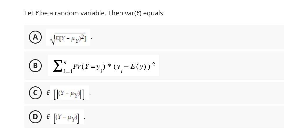 Solved Let Y ﻿be a random variable. Then var(Y) ﻿equals: | Chegg.com