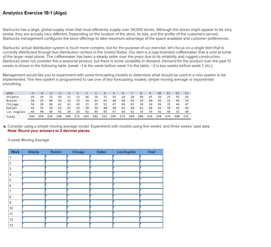 Solved Analytics Exercise 18-1 (Algo) ﻿Starbucks has a | Chegg.com