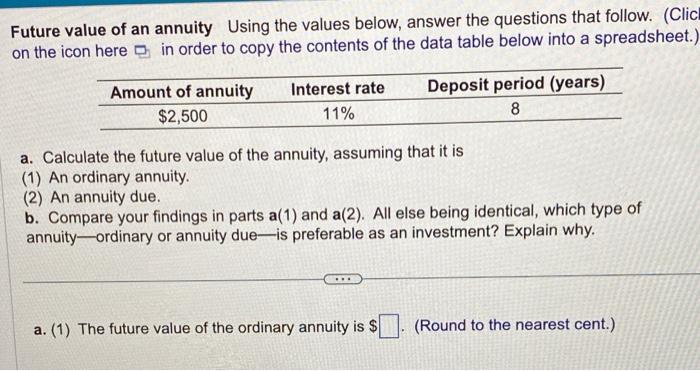 Solved Future value of an annuity Using the values below, | Chegg.com