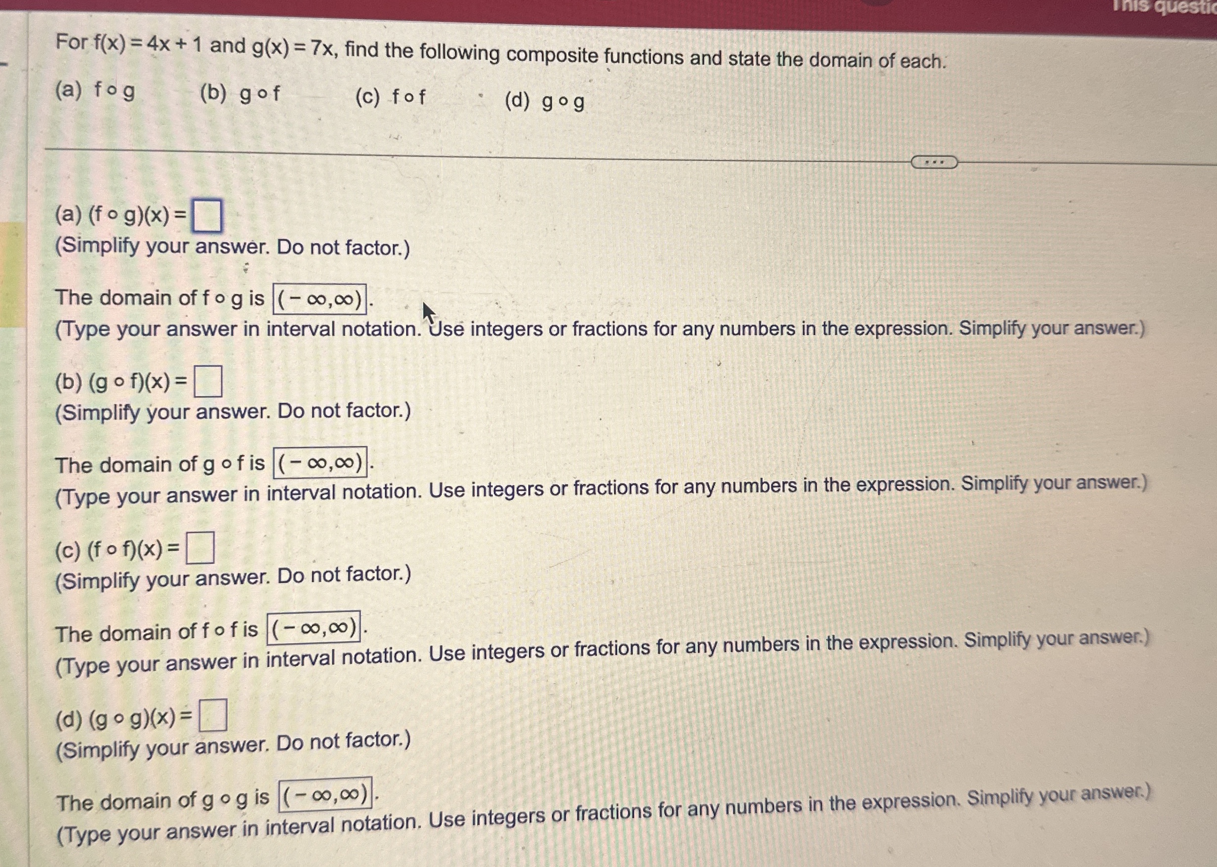 Solved For f(x)=4x+1 ﻿and g(x)=7x, ﻿find the following | Chegg.com