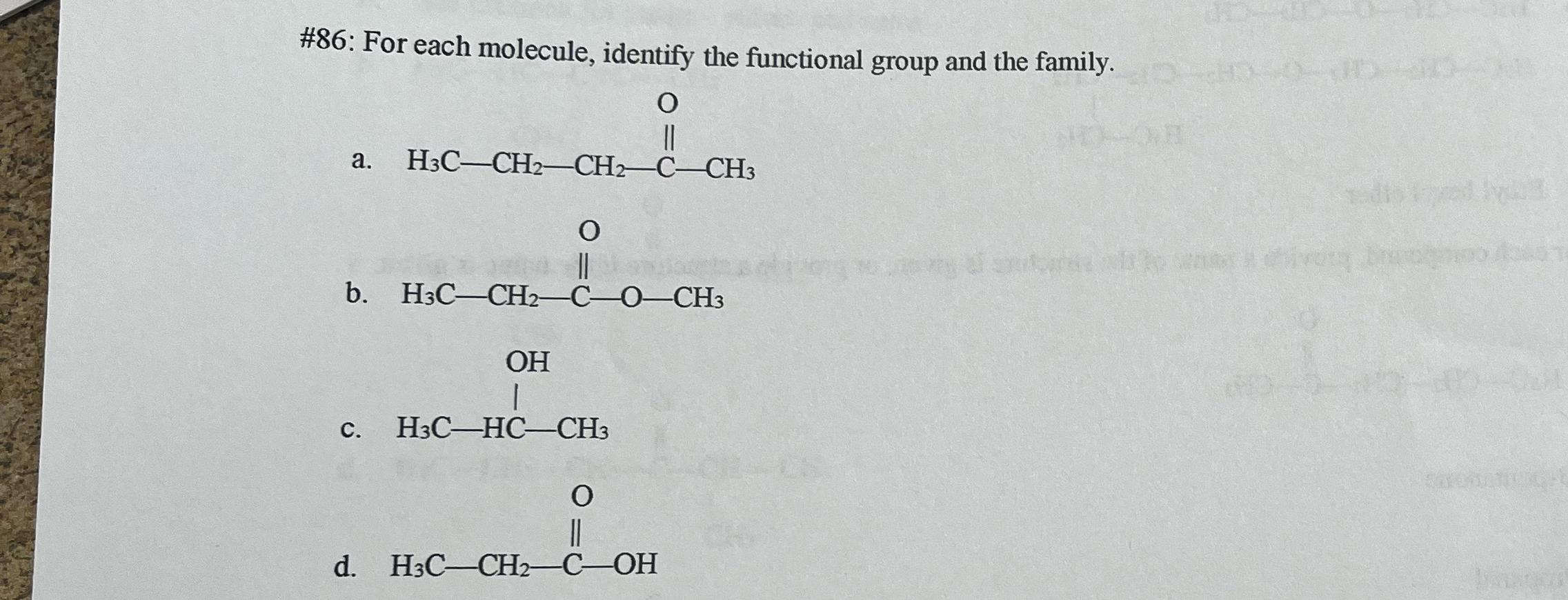 Solved #86: For each molecule, identify the functional group | Chegg.com