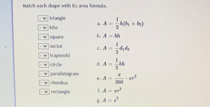 Solved Match each shape with its area formula. triangle kite | Chegg.com