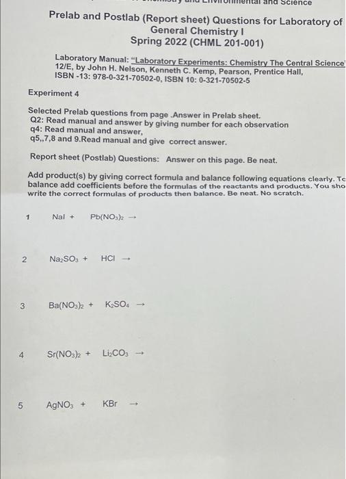 Solved Science Prelab and Postlab (Report sheet) Questions | Chegg.com