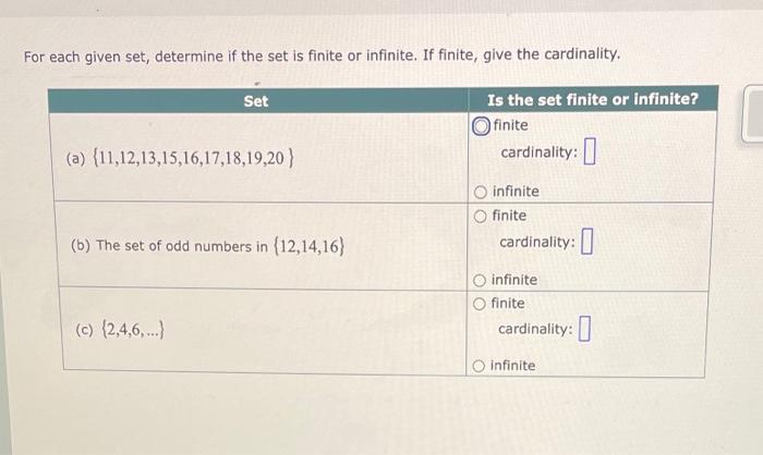 Solved For each given set, determine if the set is finite or | Chegg.com