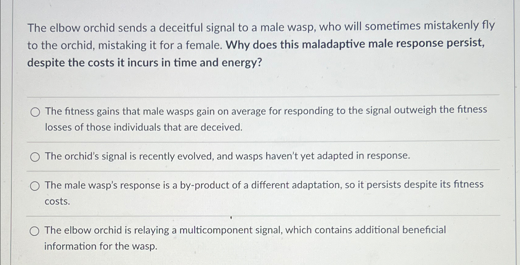 Solved The elbow orchid sends a deceitful signal to a male | Chegg.com