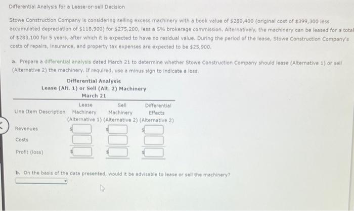 Solved Differential Analysis for a Lease-or-sell Decision | Chegg.com