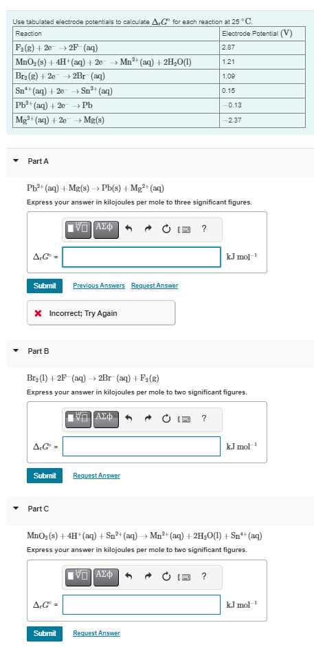 Solved Use tabulated electrode potentials to calculate ΔrG° | Chegg.com