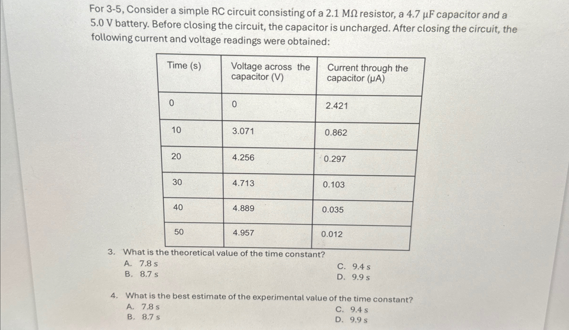 Solved For 3-5, ﻿Consider a simple RC ﻿circuit consisting of | Chegg.com