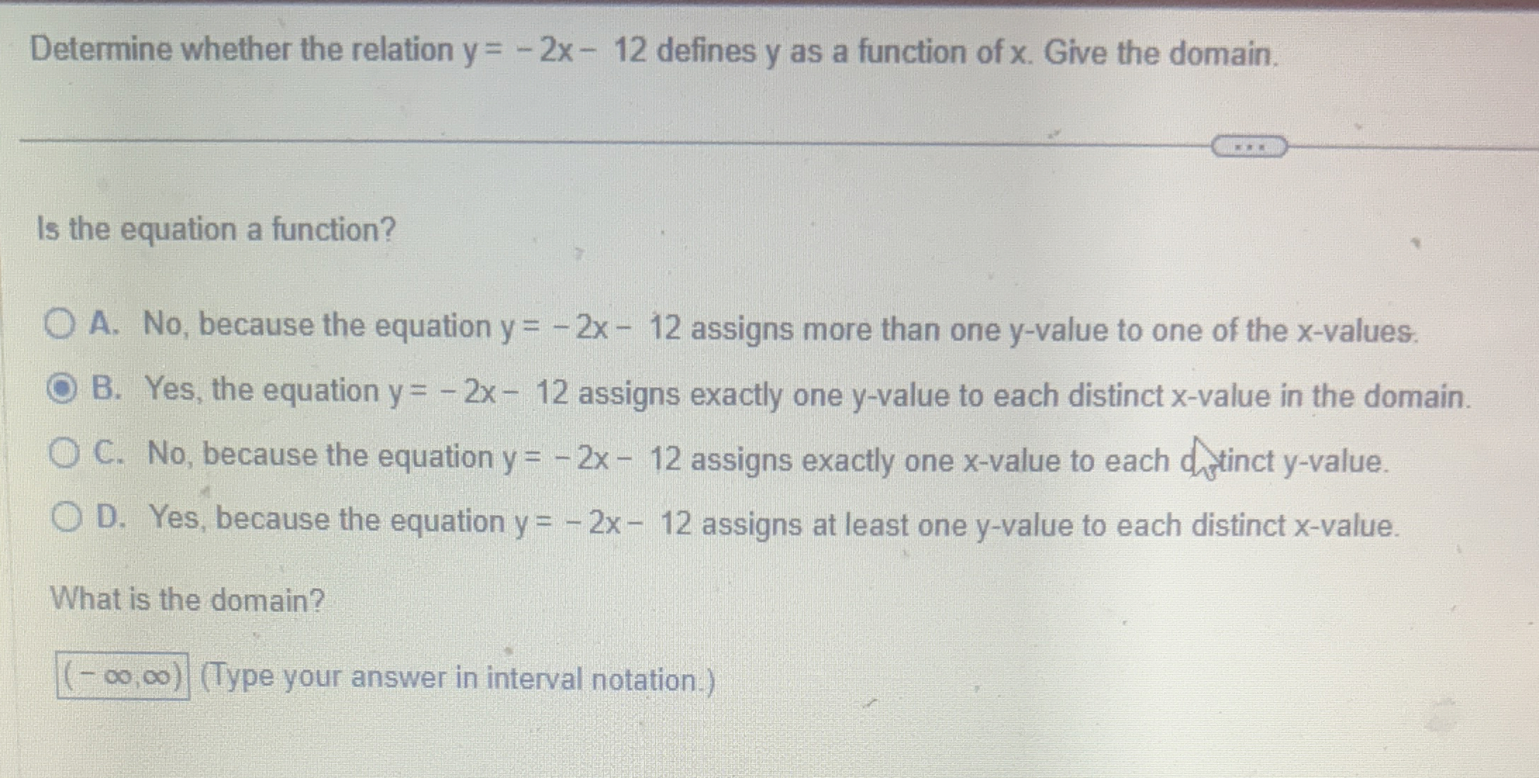 Solved Determine whether the relation y=-2x-12 ﻿defines y | Chegg.com