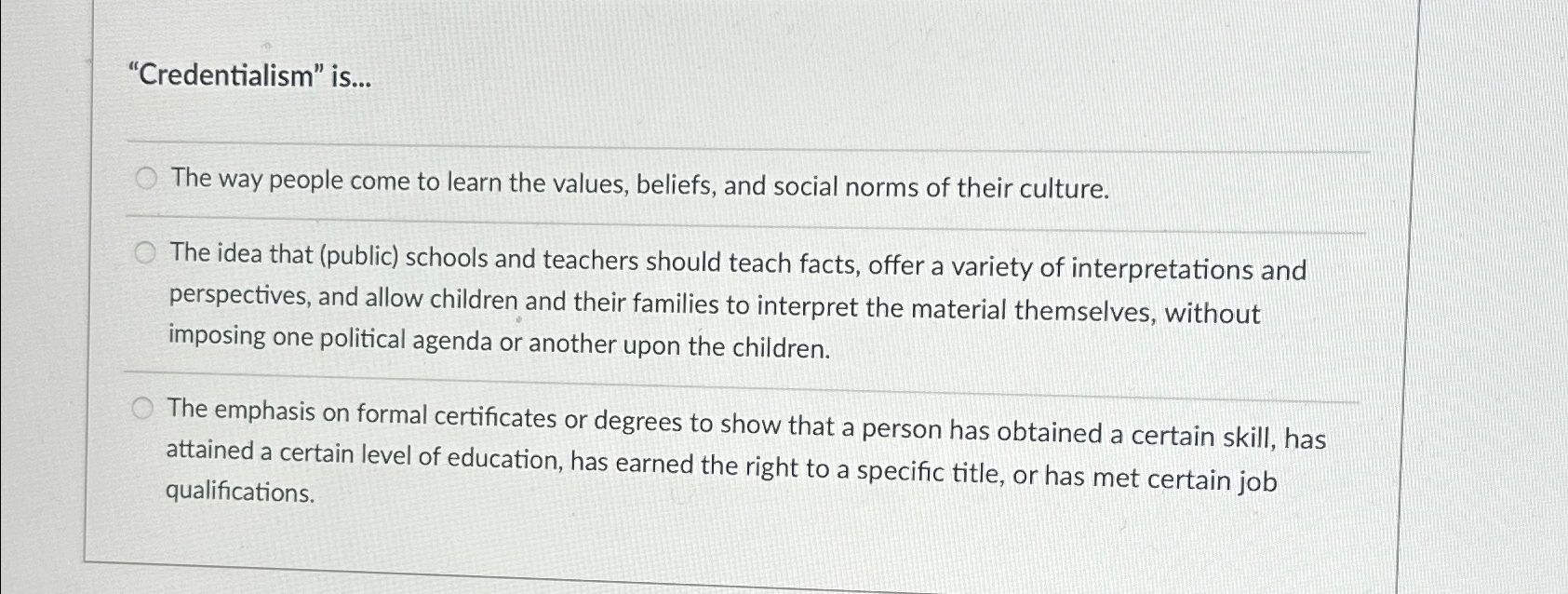 Solved "Credentialism" is...The way people come to learn the | Chegg.com