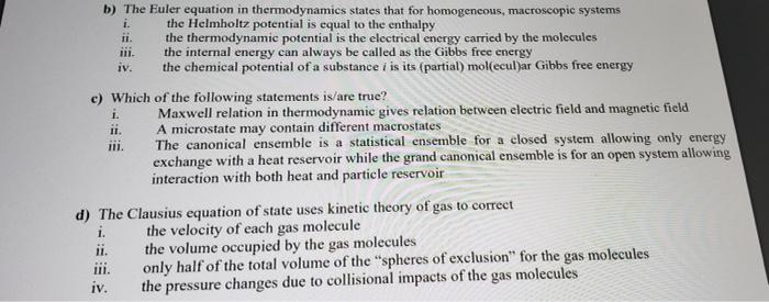 Solved b) The Euler equation in thermodynamics states that | Chegg.com
