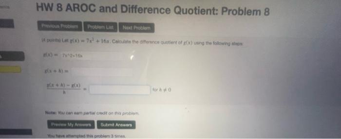 Solved HW 8 AROC and Difference Quotient: Problem 8 (f | Chegg.com