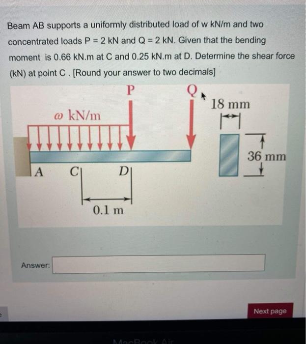 Solved Beam AB supports a uniformly distributed load of w | Chegg.com