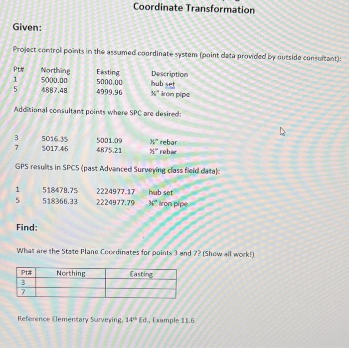 Project control points in the assumed coordinate | Chegg.com
