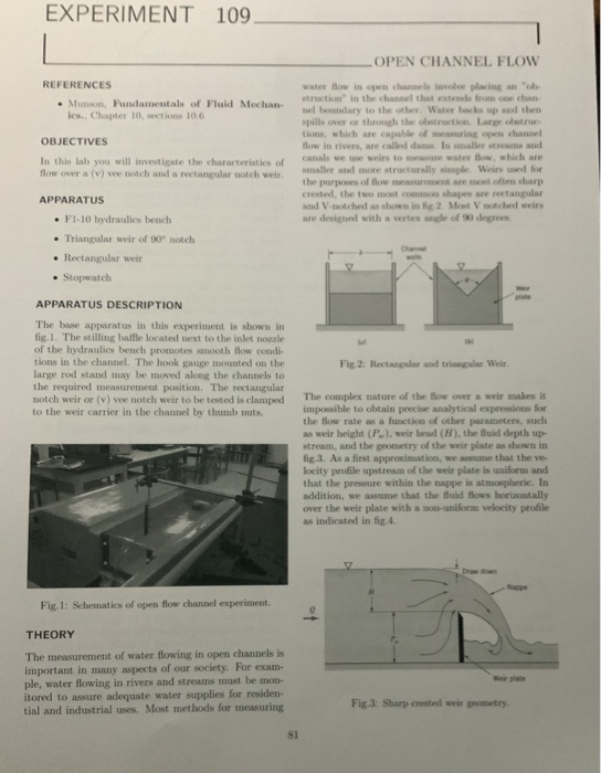 EXPERIMENT 109. OPEN CHANNEL FLOW - PRELAB 1. Read | Chegg.com