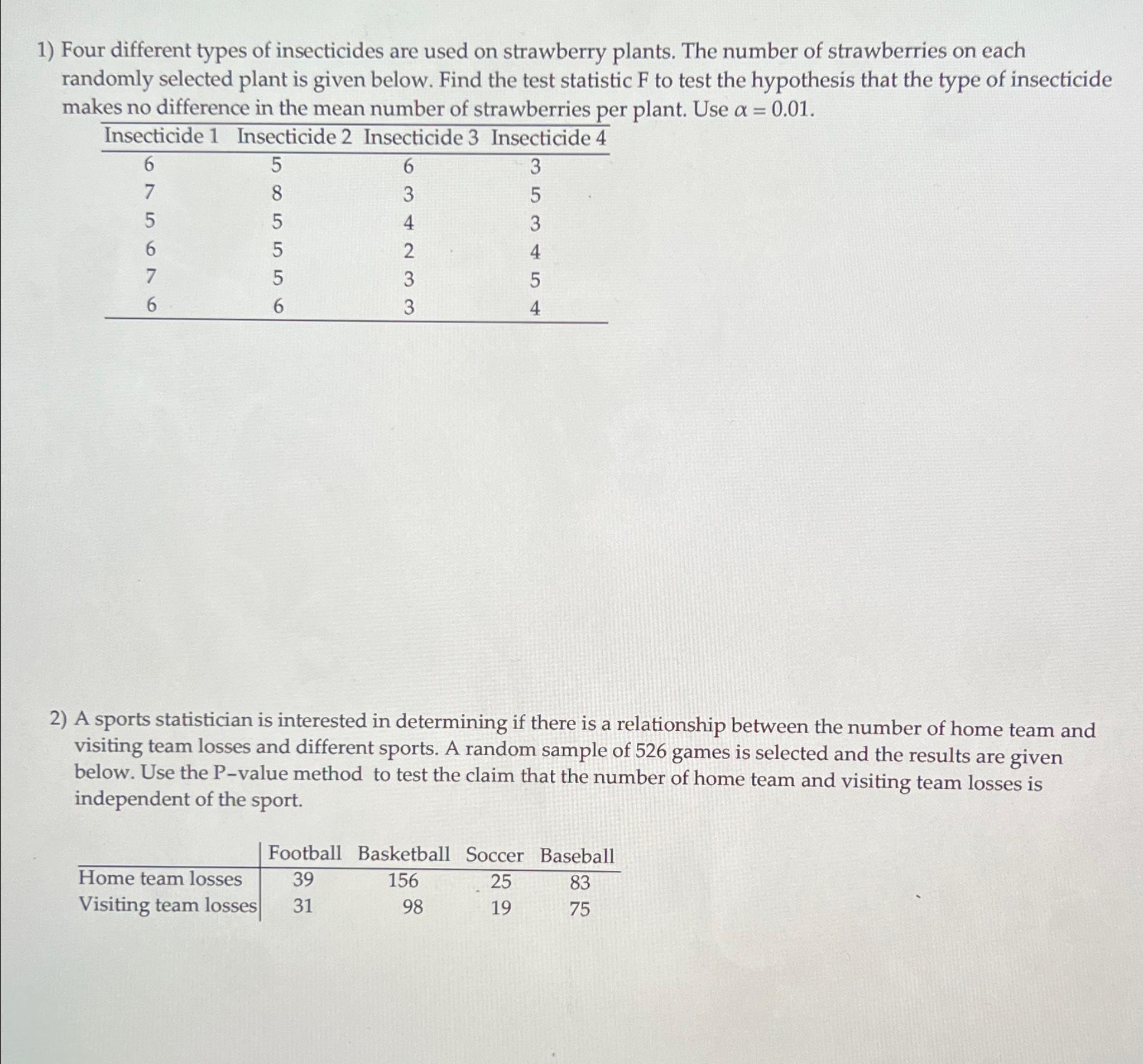 Solved Four different types of insecticides are used on | Chegg.com