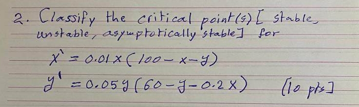 Solved Classify the critical point(s) [ ﻿stable, unstable, | Chegg.com