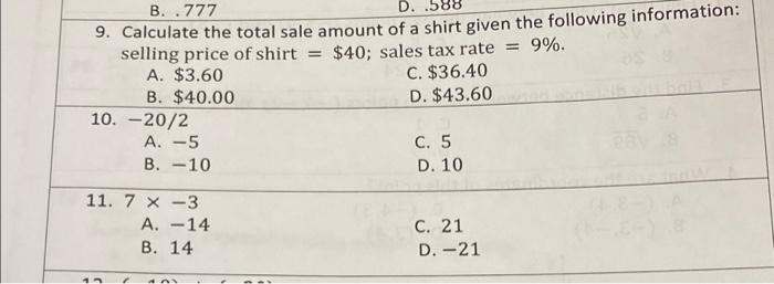 Solved B..777 D. 9. Calculate the total sale amount of a | Chegg.com