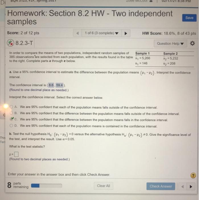 Solved prins DI Homework: Section 8.2 HW - Two independent | Chegg.com