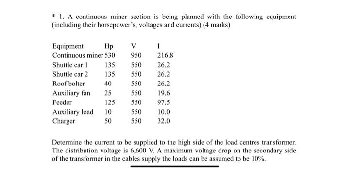 Solved * 1. A continuous miner section is being planned with | Chegg.com