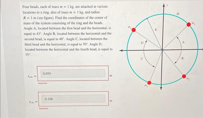 Solved m M m Four beads, each of mass m = 1 kg, are attached | Chegg.com