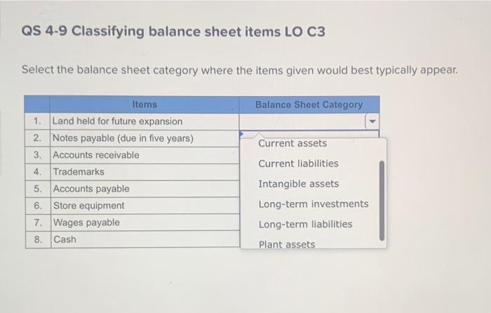 Solved QS 4-9 Classifying balance sheet items LO C3 Select | Chegg.com