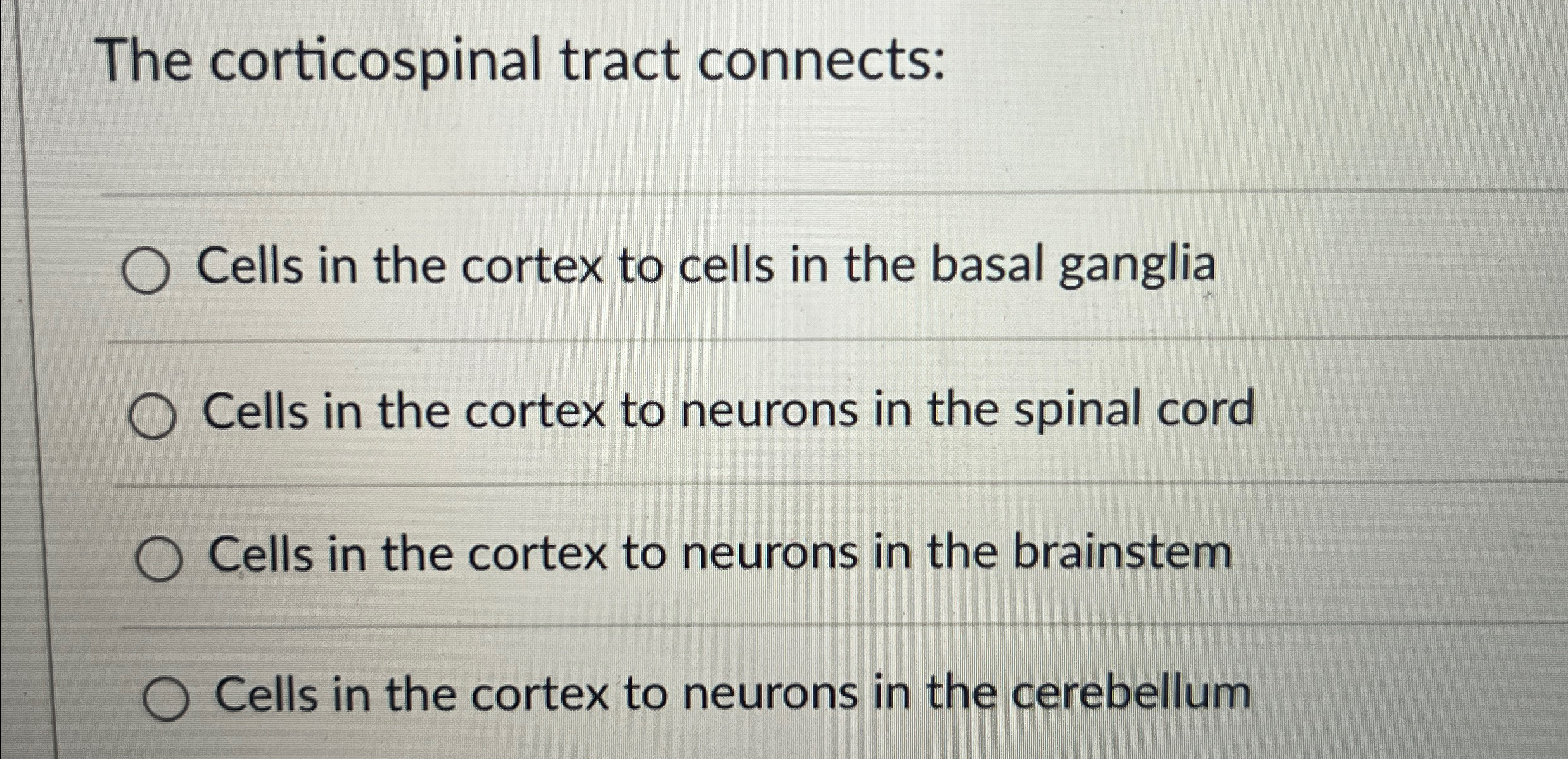Solved The corticospinal tract connects:Cells in the cortex | Chegg.com