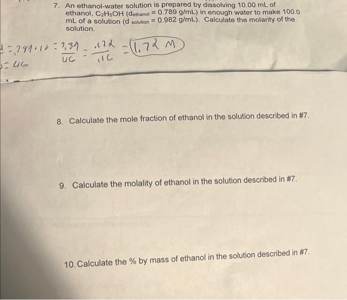 Solved 7. An ethanol-water solution is prepared by | Chegg.com