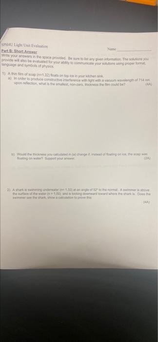 Solved SPH4U Light Unit Evaluation Name Part B: Short Answer | Chegg.com