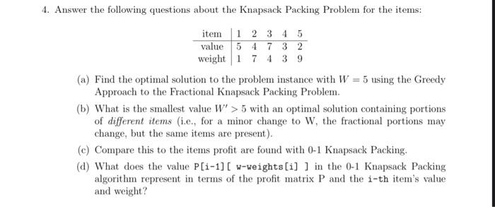 Solved 4. Answer the following questions about the Knapsack | Chegg.com