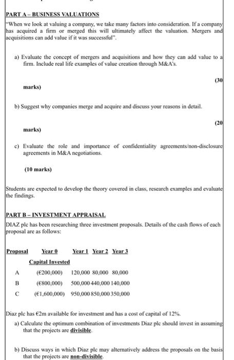 Solved PART A-BUSINESS VALUATIONS When we look at valuing a | Chegg.com