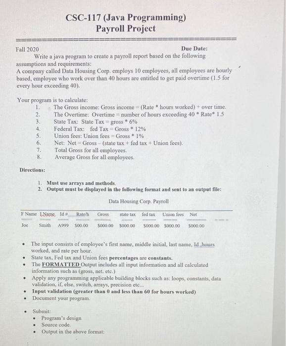 Solved CSC-117 (Java Programming) Payroll Project Fall 2020 | Chegg.com