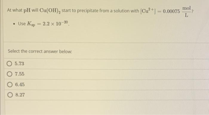 Solved At what pH will Cu(OH), start to precipitate from a | Chegg.com