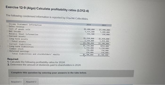 Solved Exercise 12-9 (Algo) Calculate profitability ratios | Chegg.com
