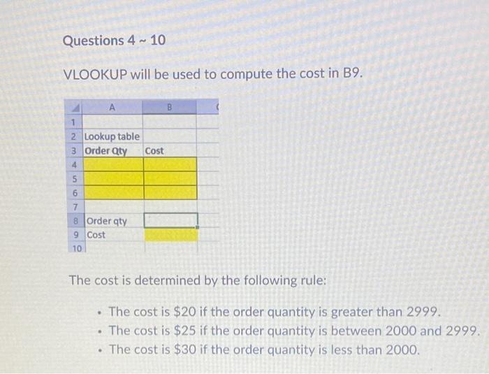 Solved Questions 410 VLOOKUP will be used to compute the | Chegg.com