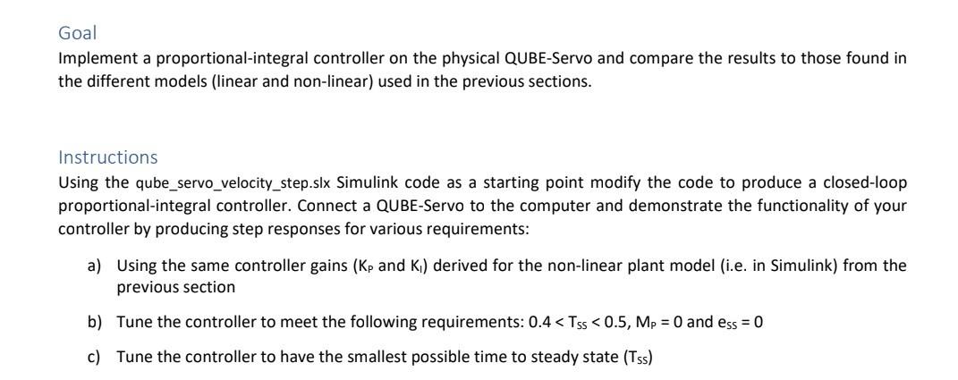 Solved Implement a proportional-integral controller on the | Chegg.com