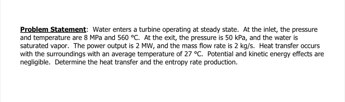 Solved Problem Statement: Water enters a turbine operating | Chegg.com